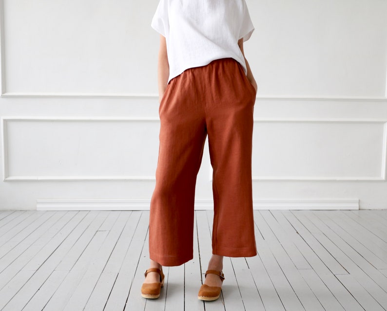 Wide Leg Elasticated Waist Linen Culottes in Redwood / OFFON CLOTHING ...