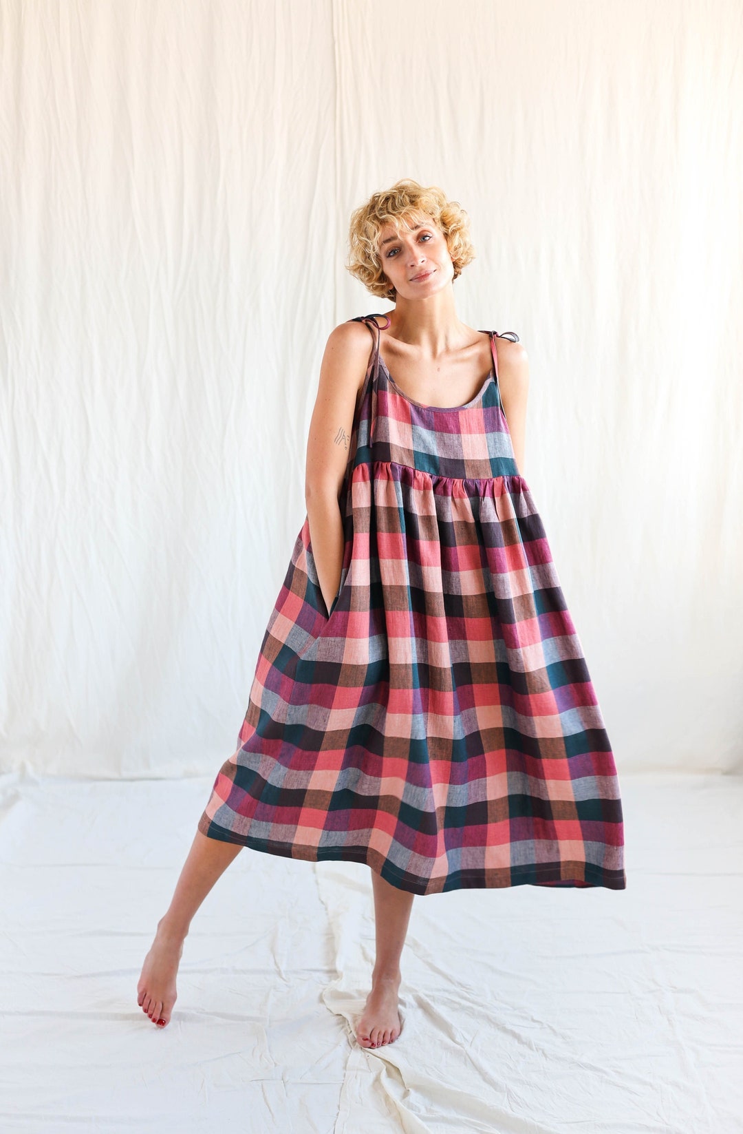 Loose Tie Strap Linen Sundress in Checks • Handmade by OFFON Clothing ...