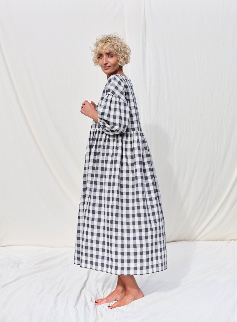 Checks Print Puff Sleeves Dress PERLA OFFON CLOTHING | Etsy