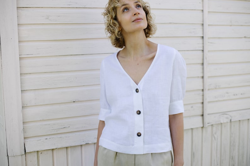 White Linen V-neck Blouse / Puff Sleeves Linen Top / OFFON CLOTHING ...