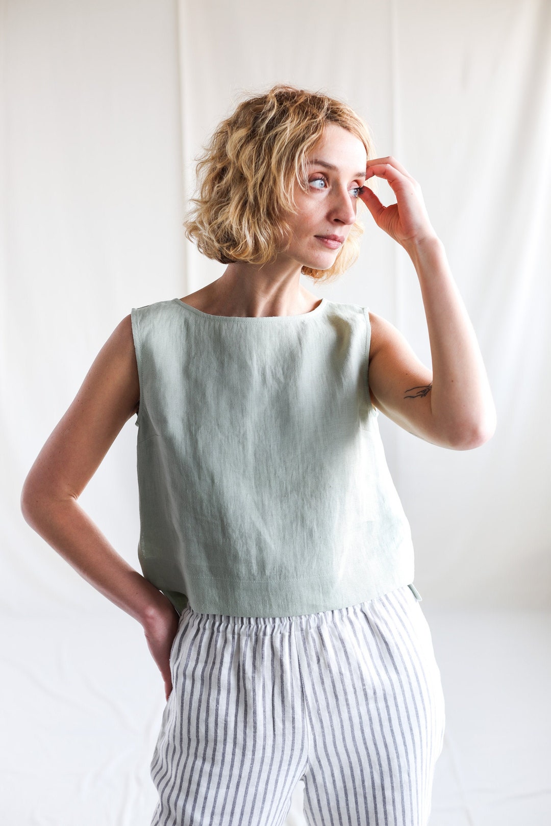 Linen Sleeveless Top. Cropped Hem Linen Blouse. Handmade by OFFON ...