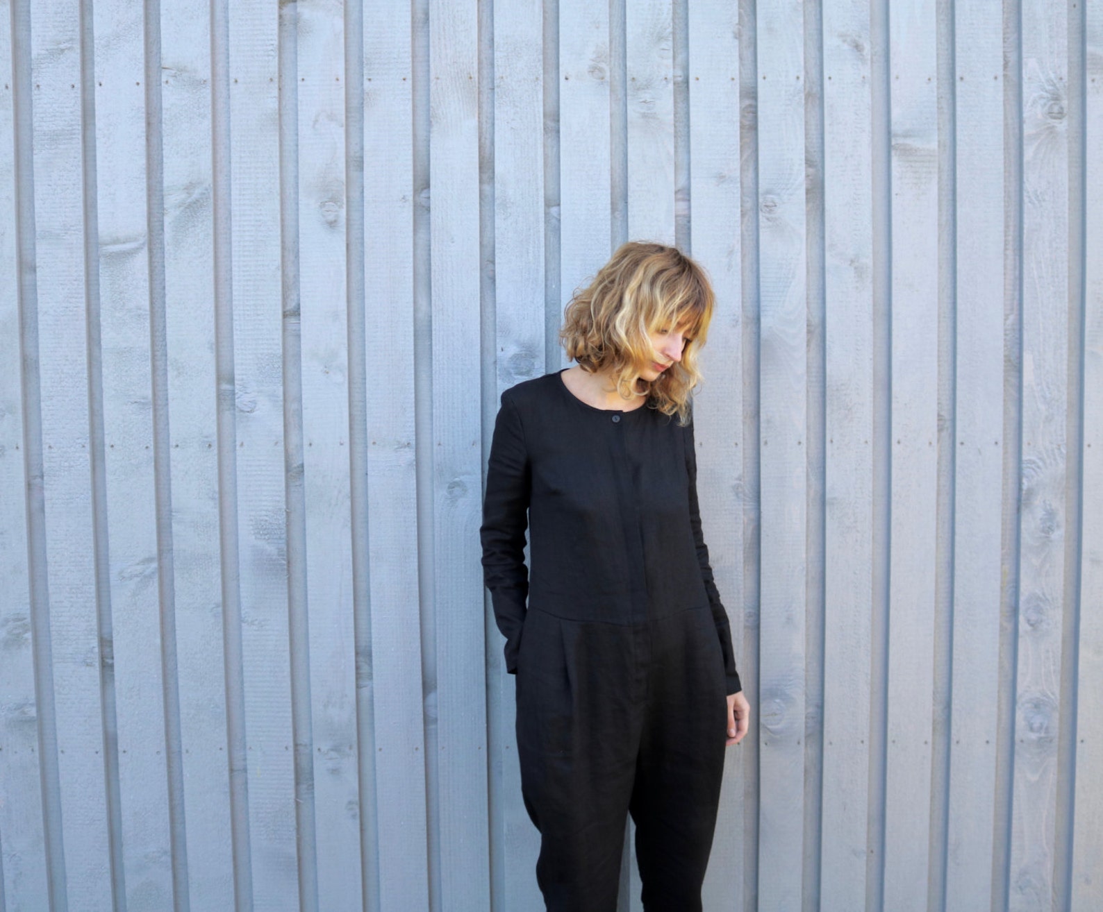 Black Linen Front Button Overall / OFFON - Etsy