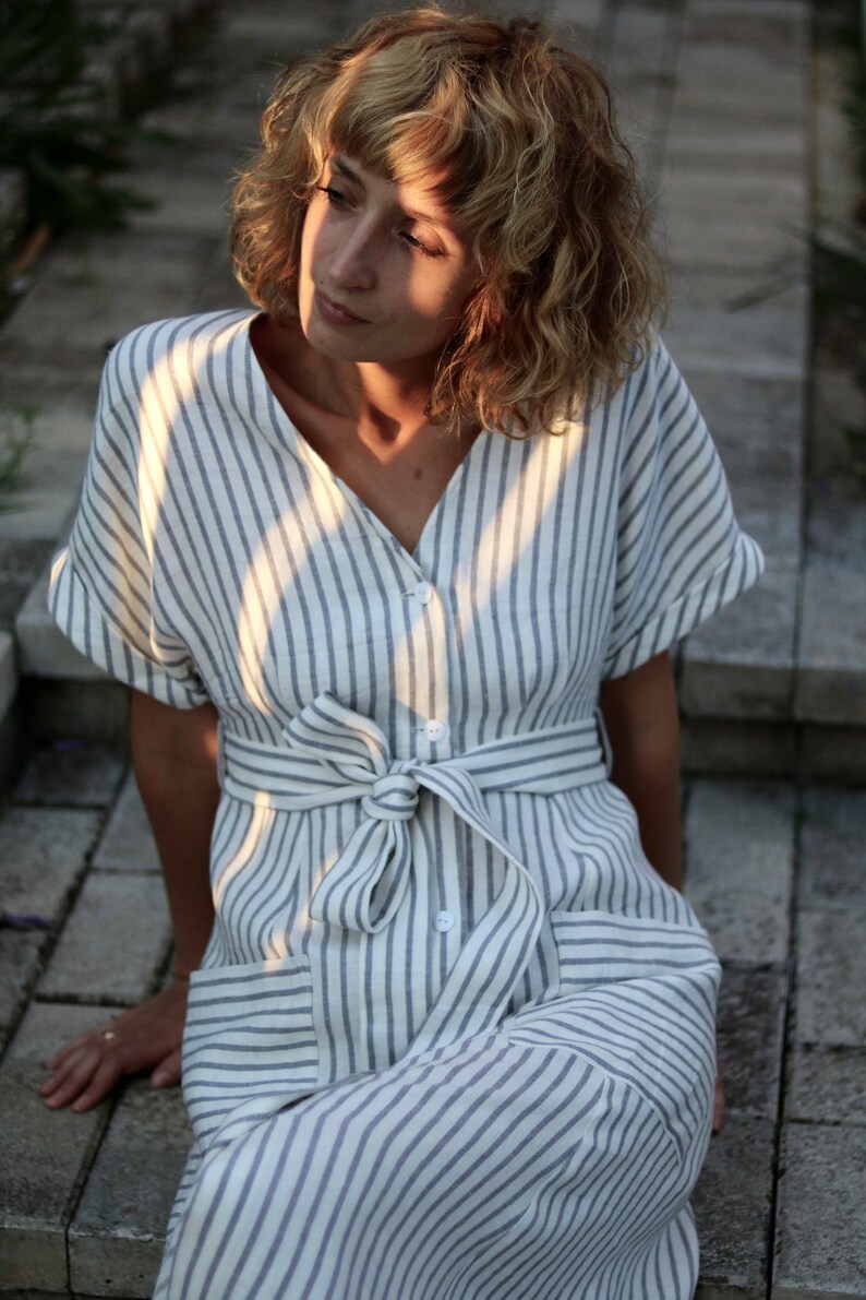 Ready to Ship/linen Dress/ Linen Tie Belt Dress With Buttons - Etsy