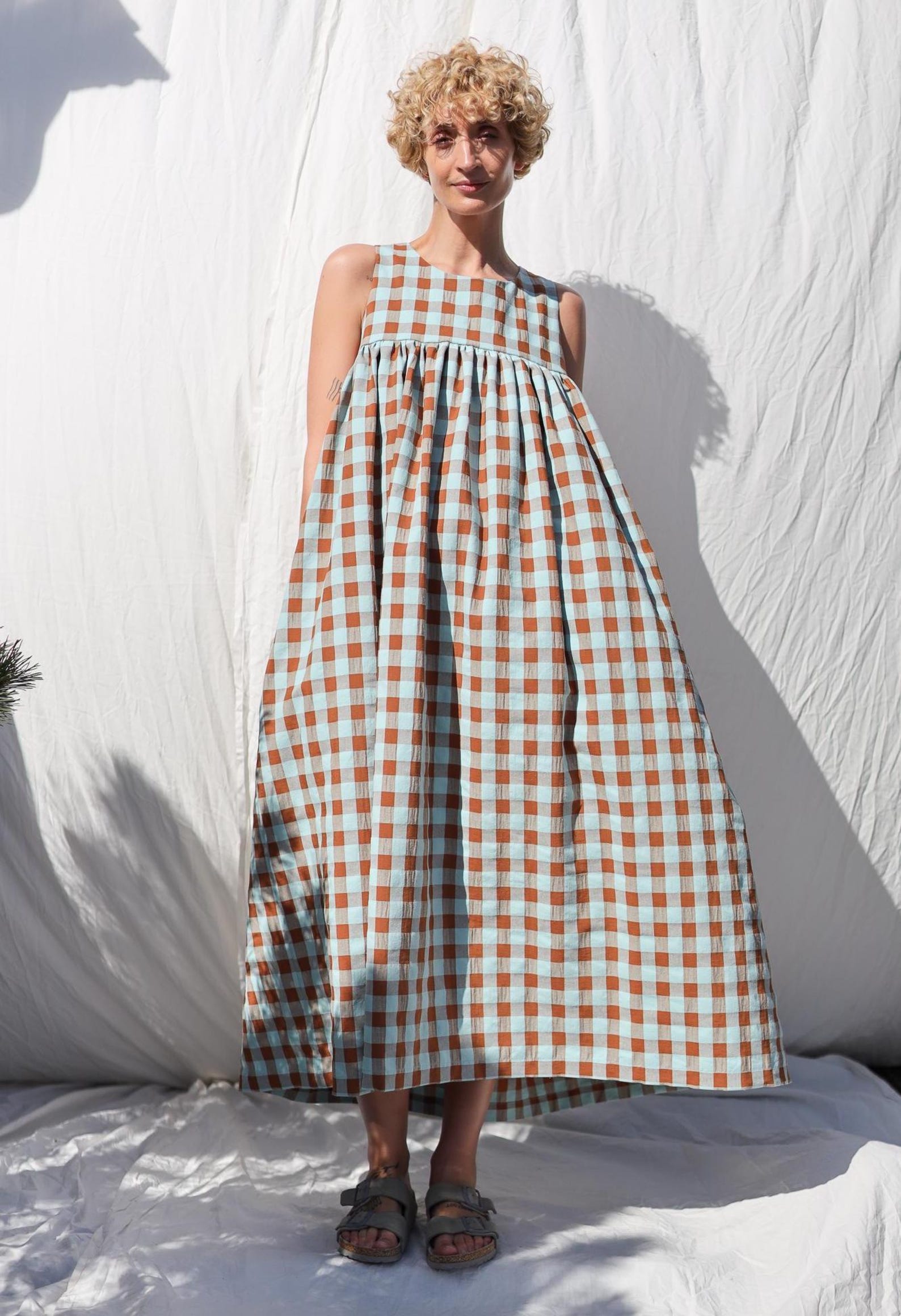Sleeveless Loose Fit Maxi Dress LILOU in Eggshell Blue Seersucker ...