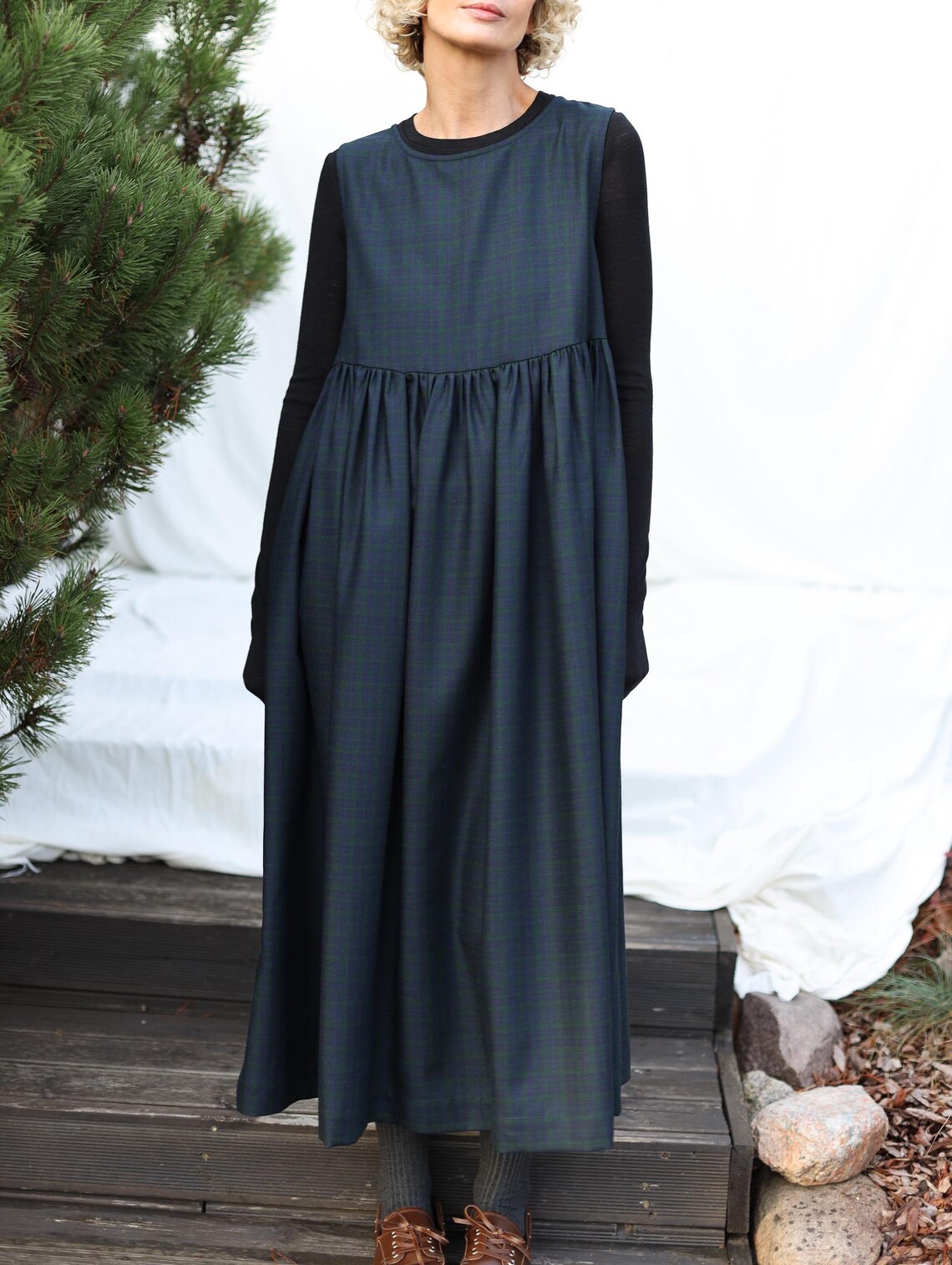 Navy Blue Tartan Wool Smock Dress • OFFON CLOTHING - Etsy