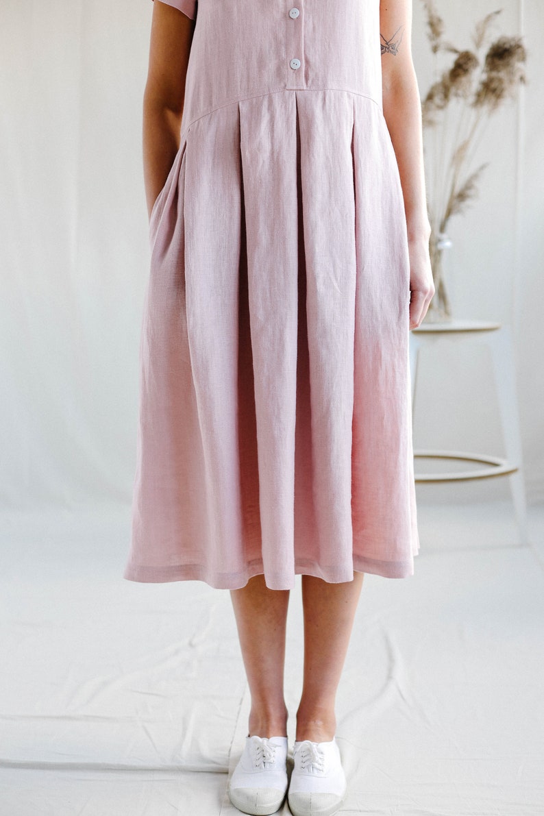 Linen Pleated Skirt Dress Pink Linen Dress Short Sleeved | Etsy Linen Pleated Skirt Dress Pink Linen Dress Short Sleeved | Etsy