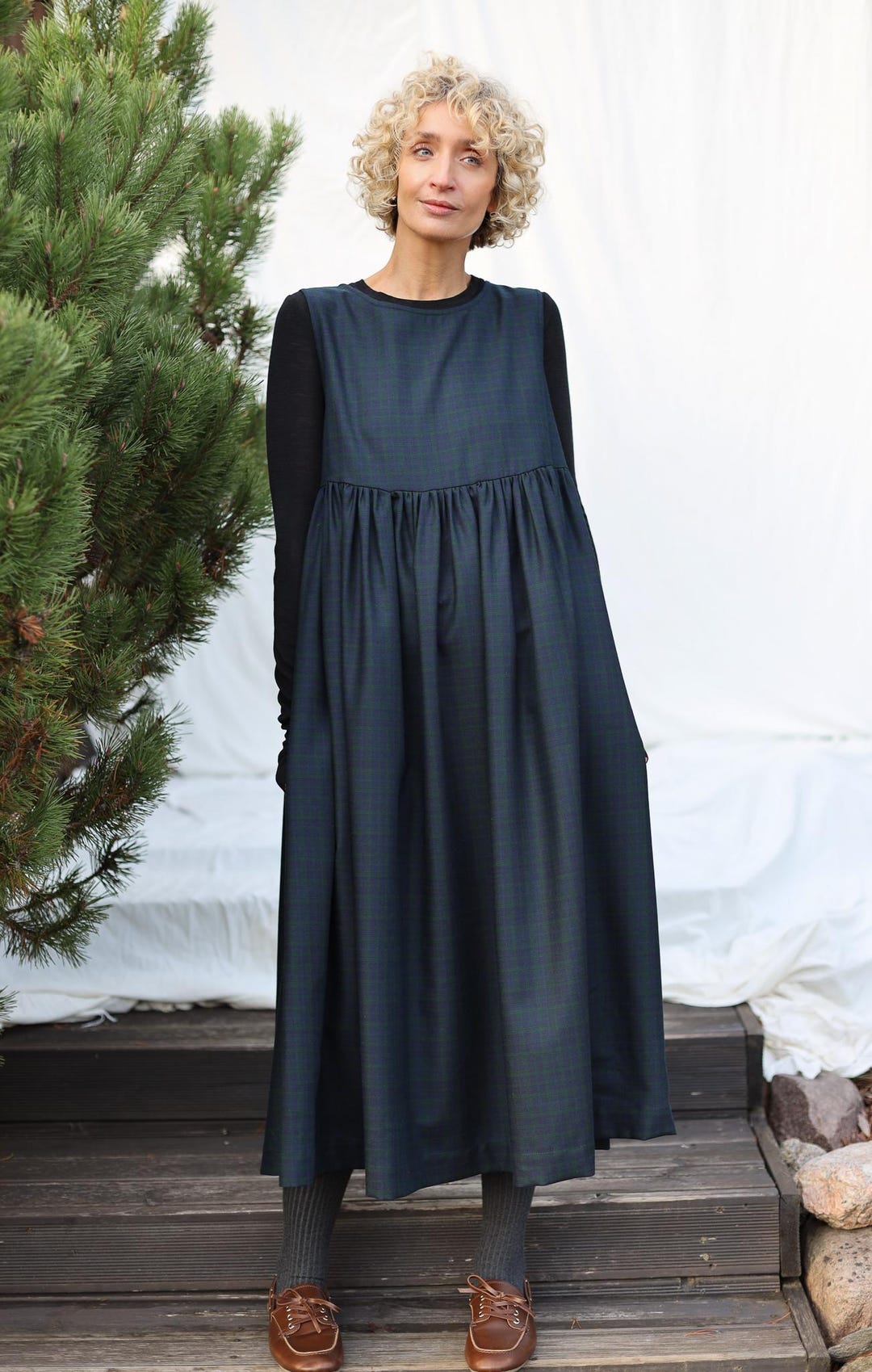 Navy Blue Tartan Wool Smock Dress • OFFON CLOTHING - Etsy