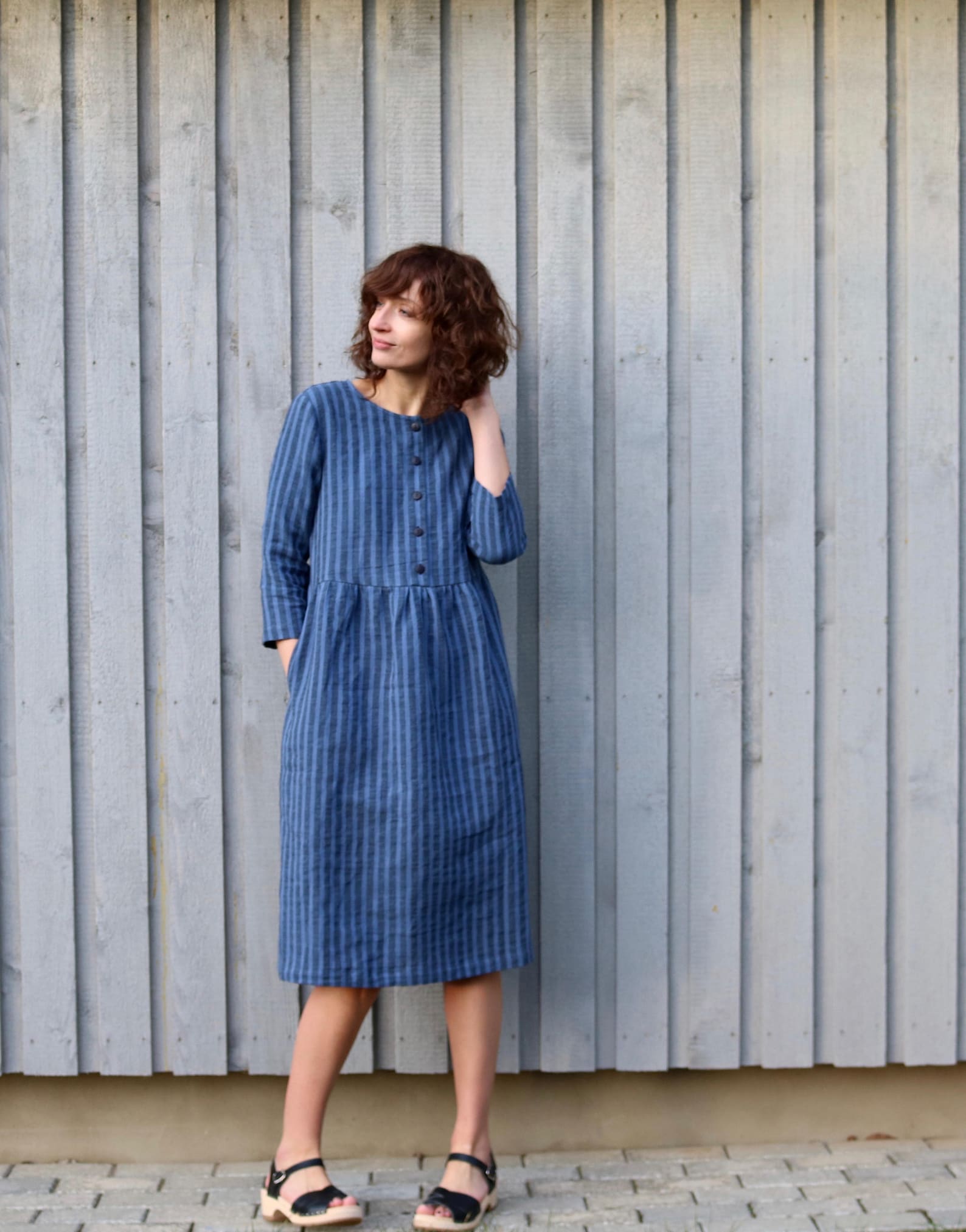 Linen Dress Striped Linen Dress Organic Linen Dress Blue Striped Linen ...