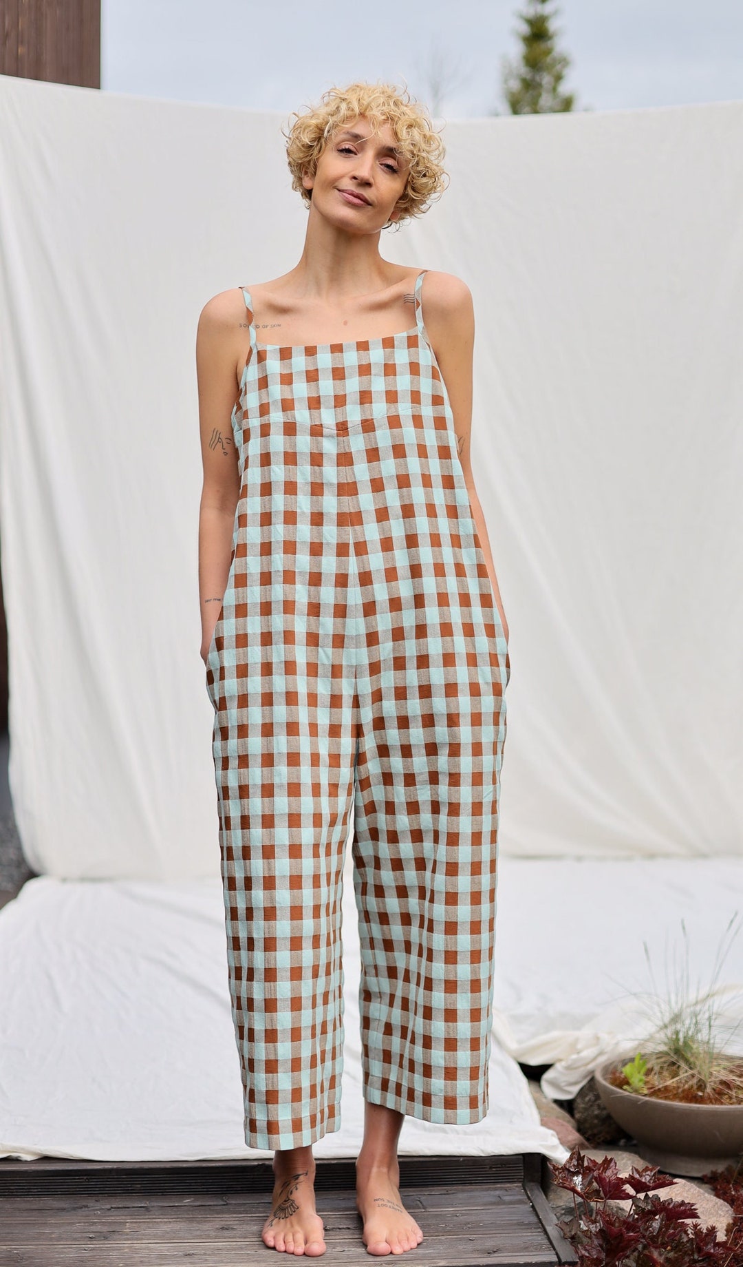 Loose Spaghetti Strap Jumpsuit in Seersucker Checks ADA • OFFON ...