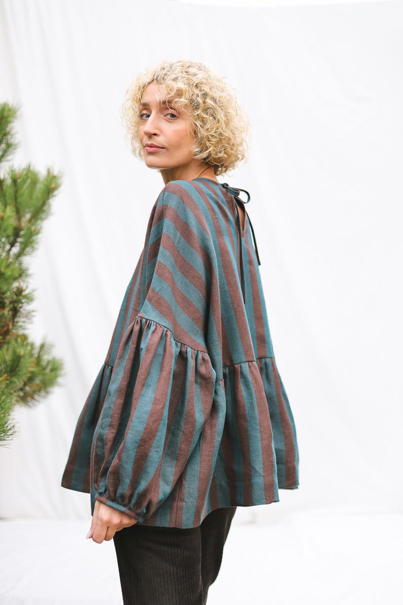 Oversized Dropped Shoulders Stripped Linen Peplum Blouse EVE by OFFON ...