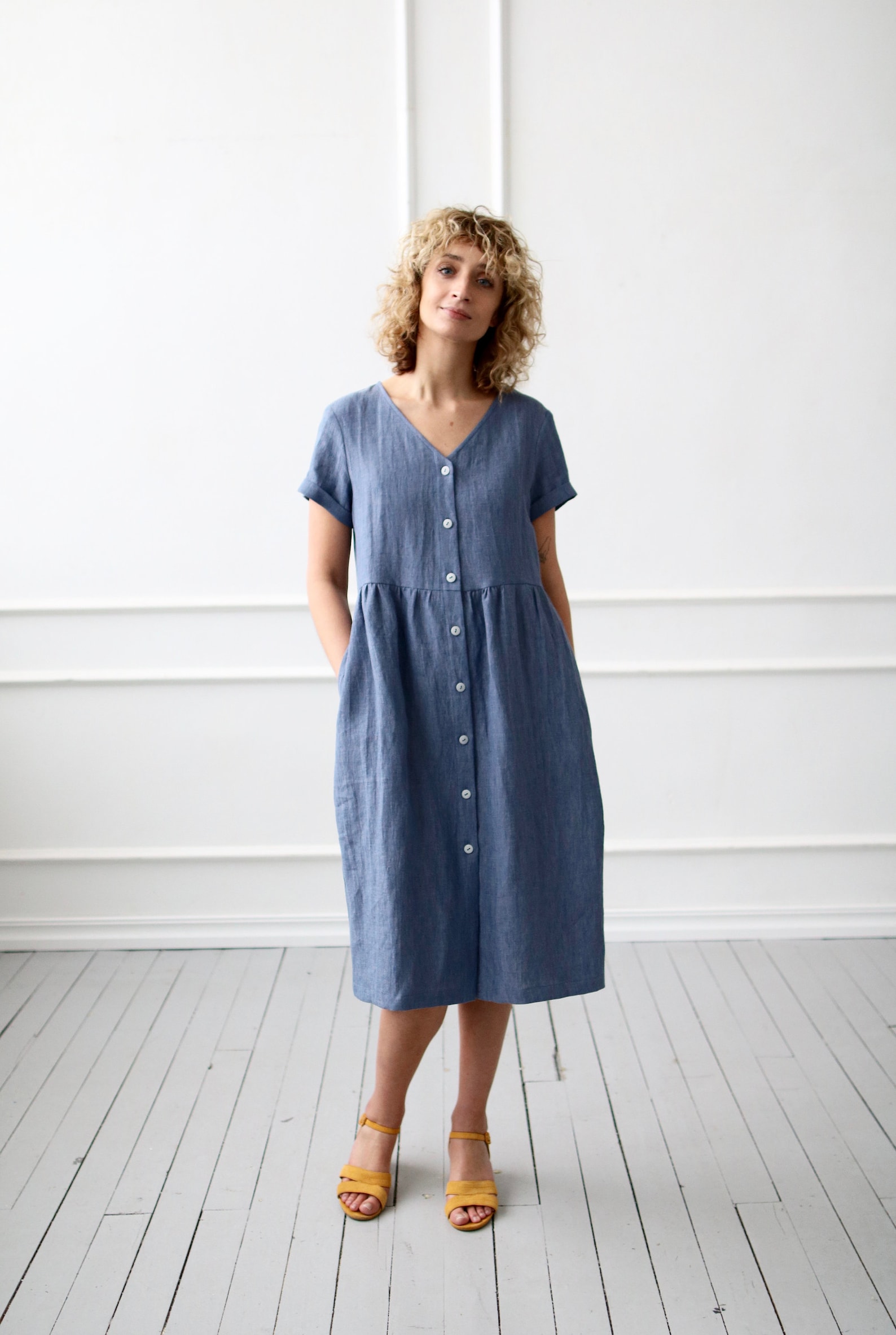 Linen Dress With Button Closure in Denim Blue Color/offon - Etsy