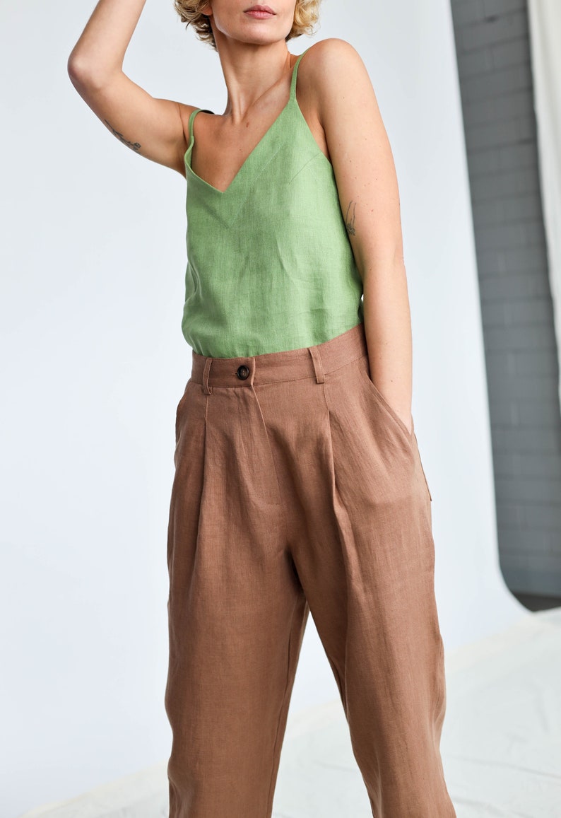Boxy Hazel Linen Tapered Leg Trousers OFFON Clothing - Etsy