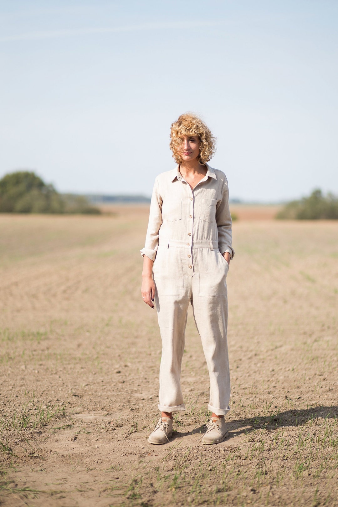 Linen Long Sleeve Coverall in Beige/offon CLOTHING - Etsy