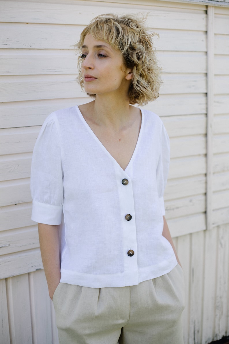 White Linen V-neck Blouse / Puff Sleeves Linen Top / OFFON CLOTHING ...
