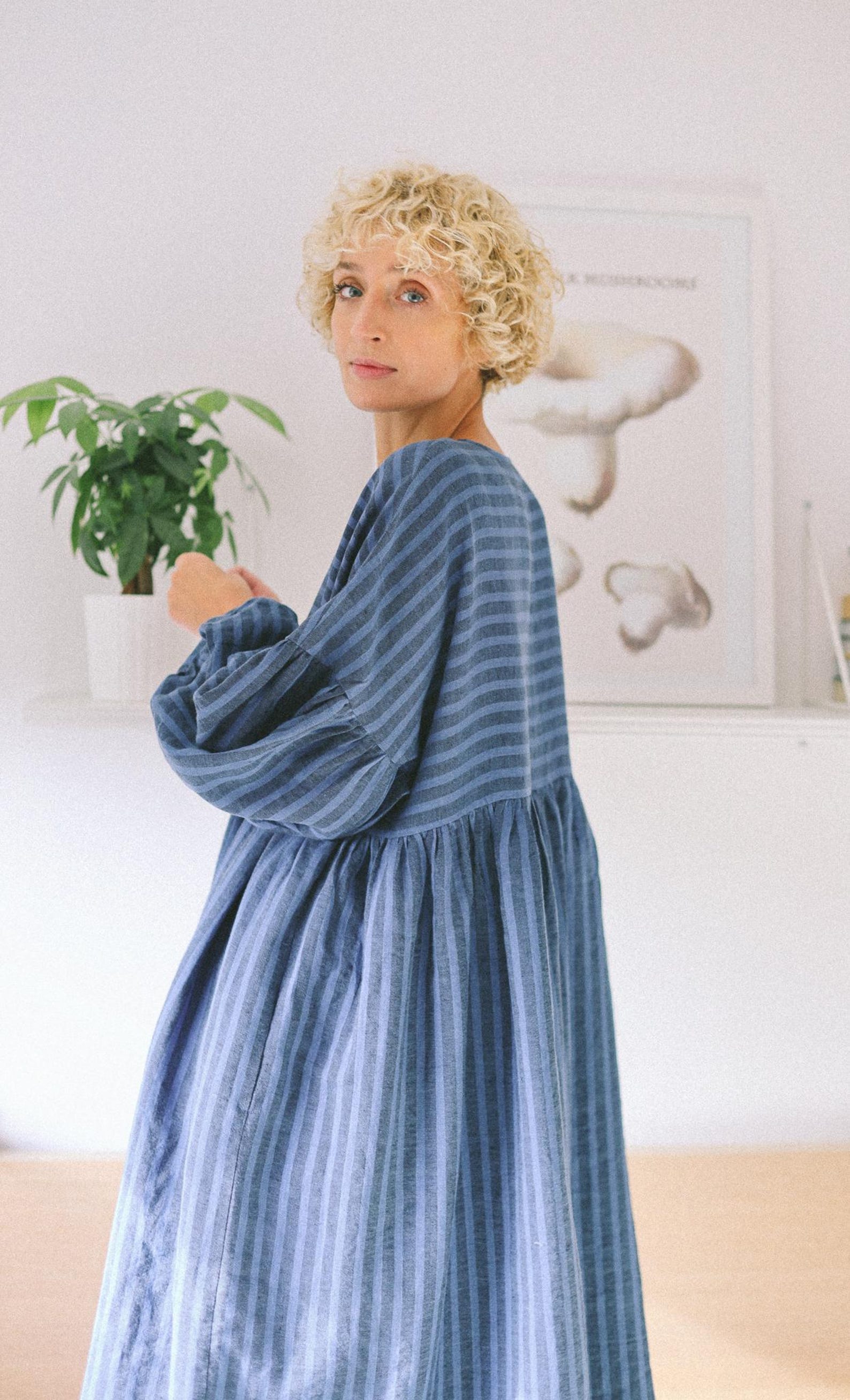 Oversized Voluminous Sleeves Linen Dress GRETA in Stripes • OFFON ...