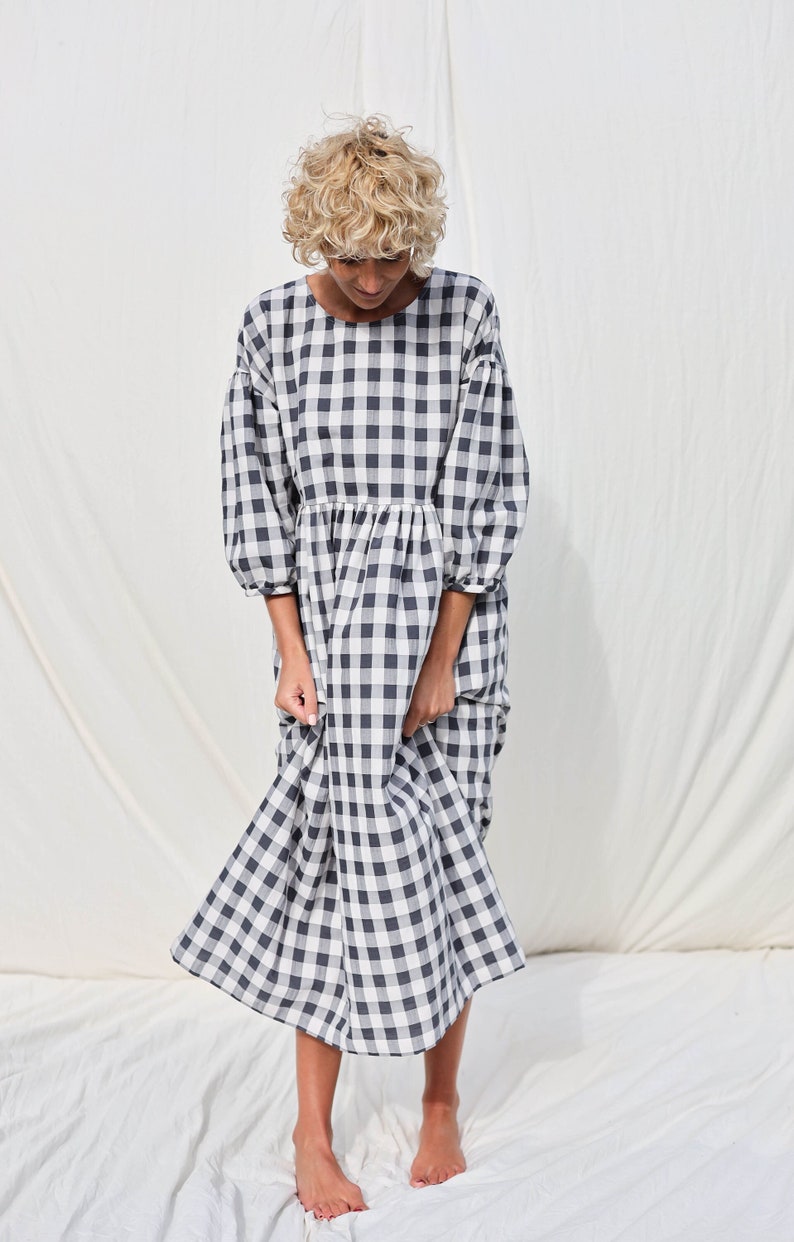 Checks Print Puff Sleeves Dress PERLA OFFON CLOTHING | Etsy