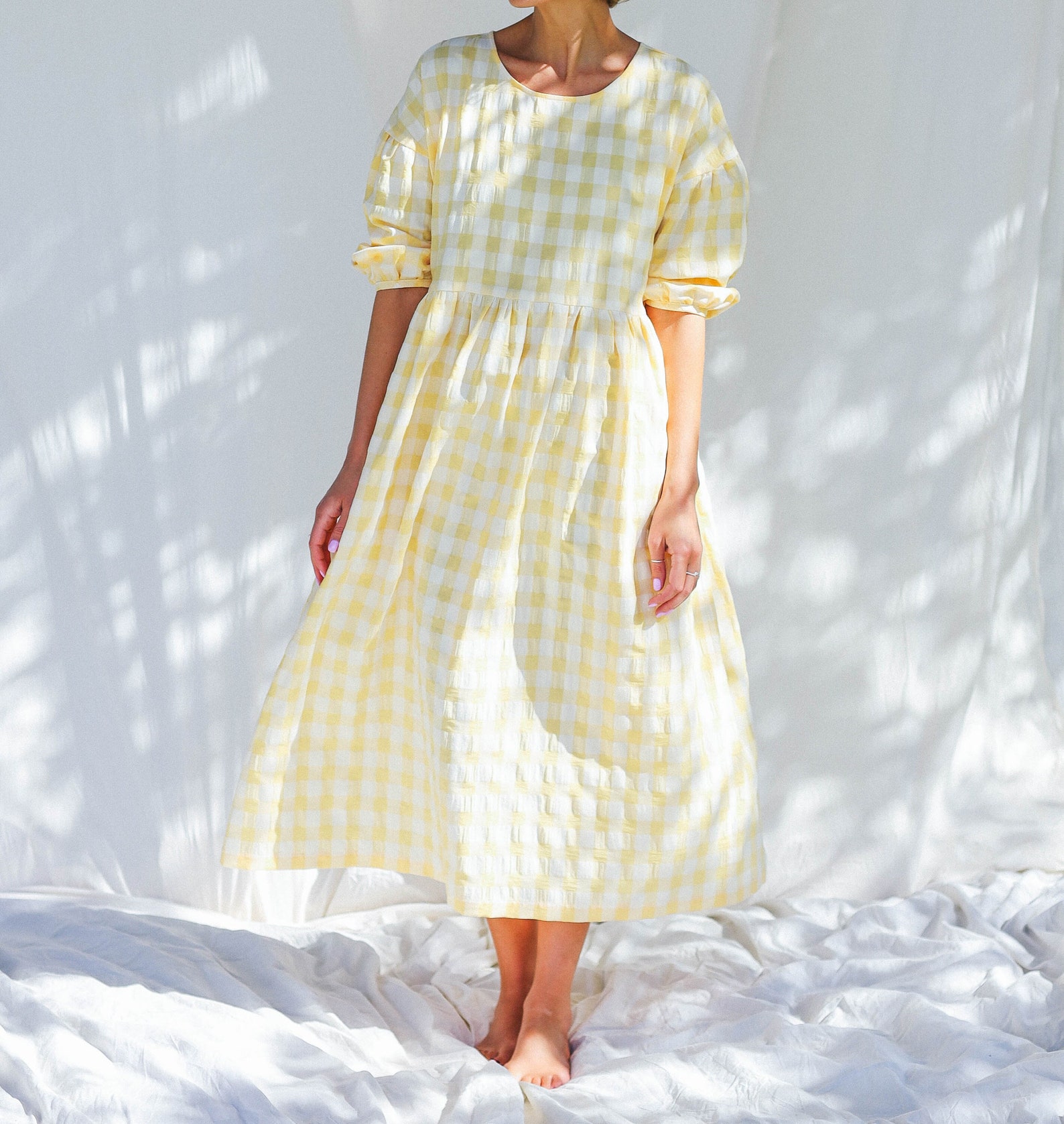 Yellow Seersucker Checks Dress PERLA • OFFON CLOTHING - Etsy