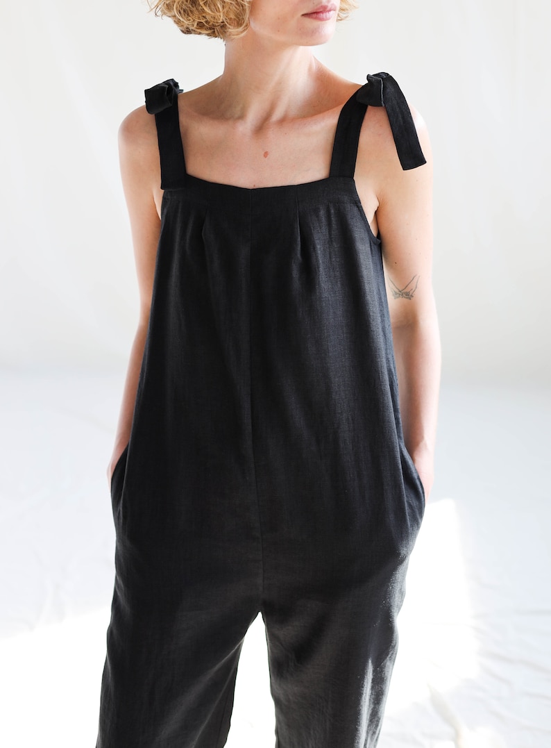 Linen Tie Strap Jumpsuit Sleeveless Black Summer Romper Offon