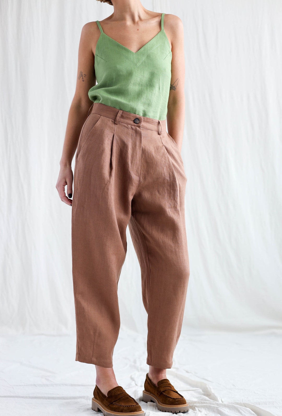 Boxy Hazel Linen Tapered Leg Trousers • OFFON Clothing - Etsy