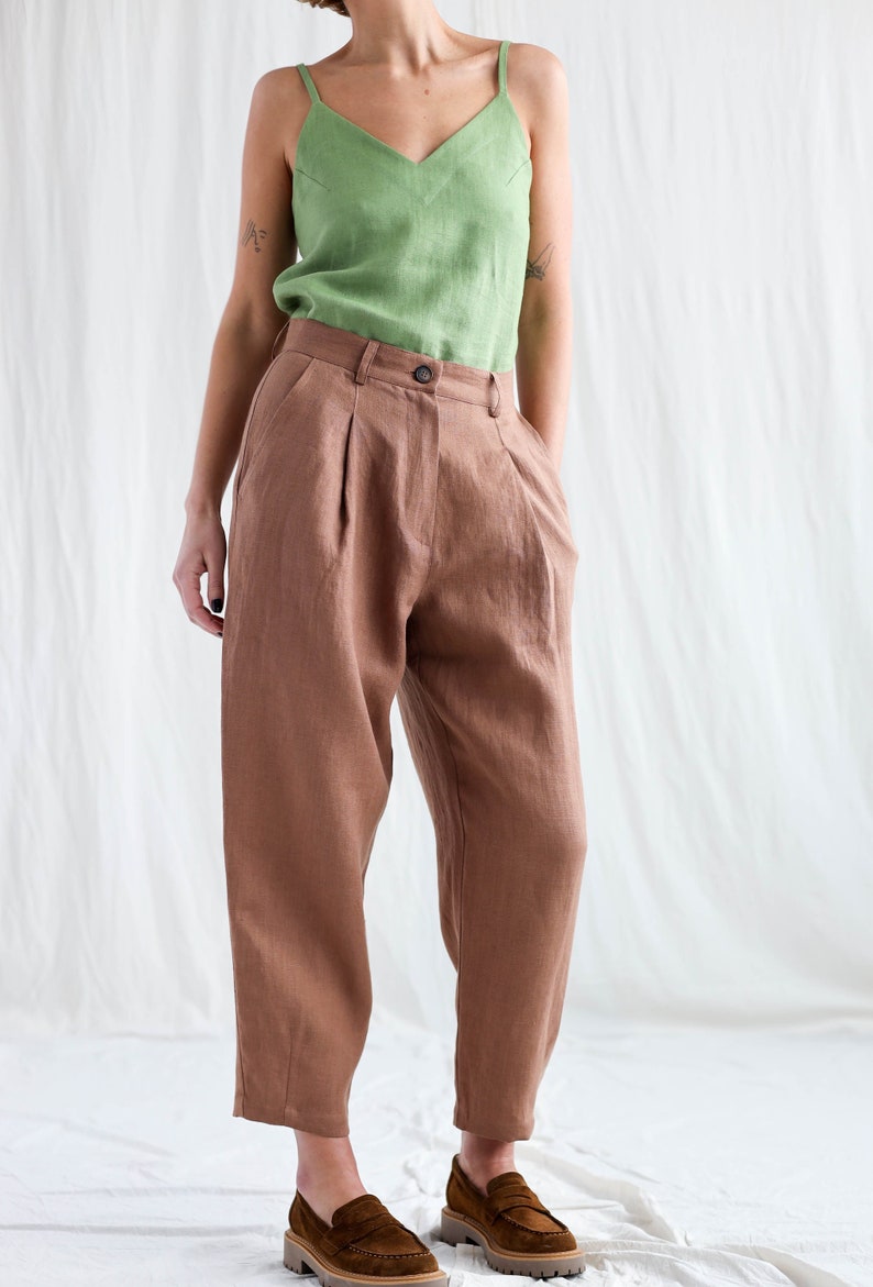 Boxy Hazel Linen Tapered Leg Trousers OFFON Clothing - Etsy