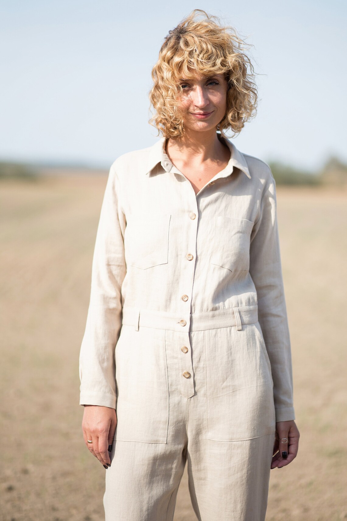 Linen Long Sleeve Coverall in Beige/offon CLOTHING - Etsy