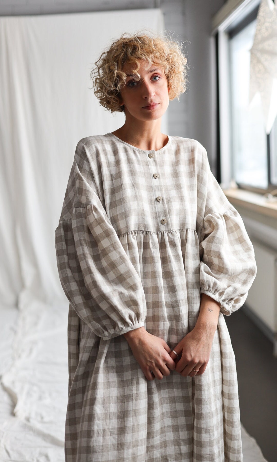 Checkered Linen Oversized Voluminous Sleeves Dress GRETA • OFFON ...