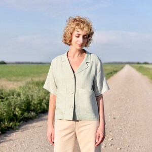 Revere Collar Linen Shirt in Sage Green / Handmade by OFFON - Etsy