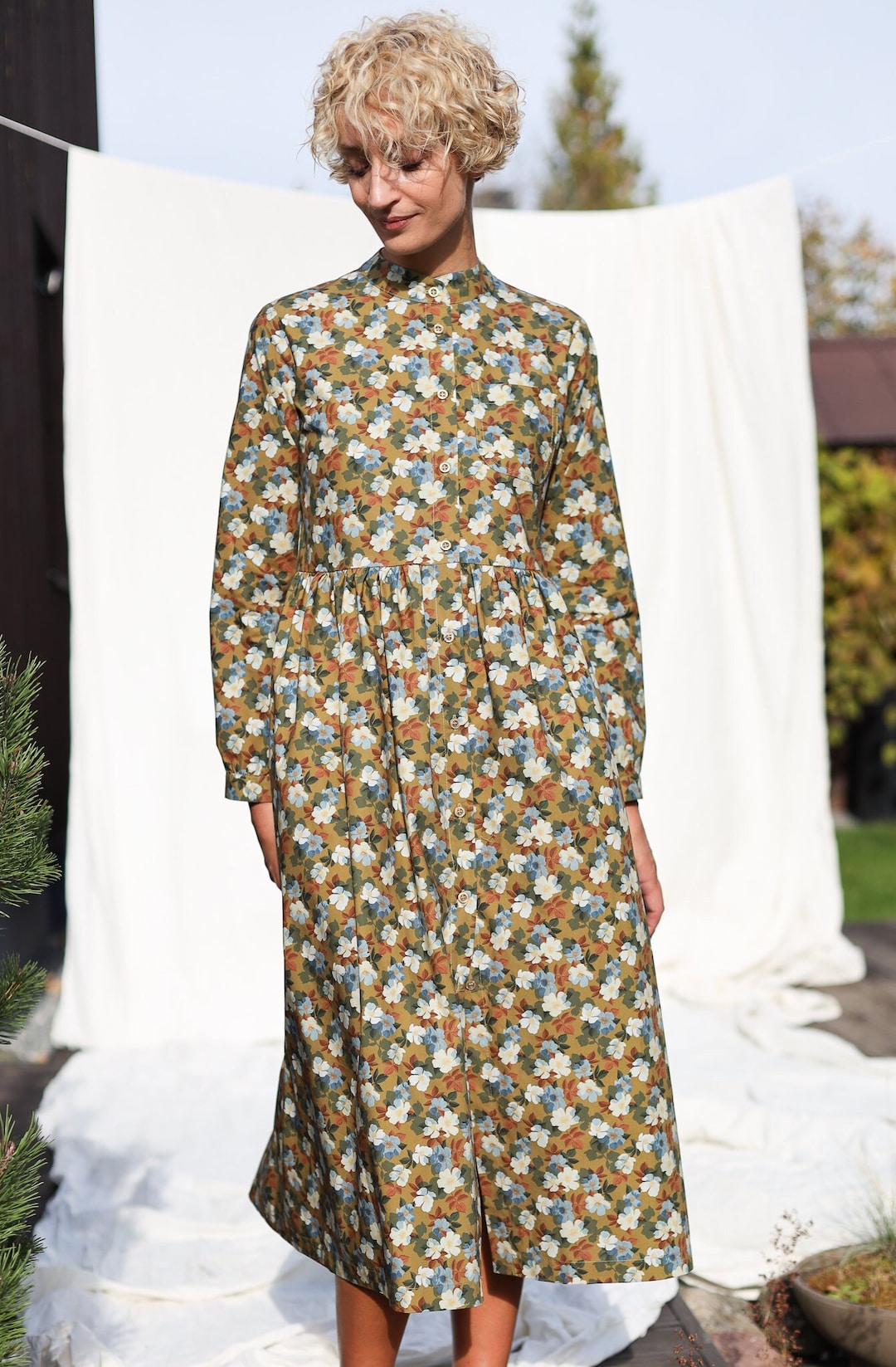 Floral Piccadilly Poplin Grandad Collar Button Through Shirtdress CORA ...