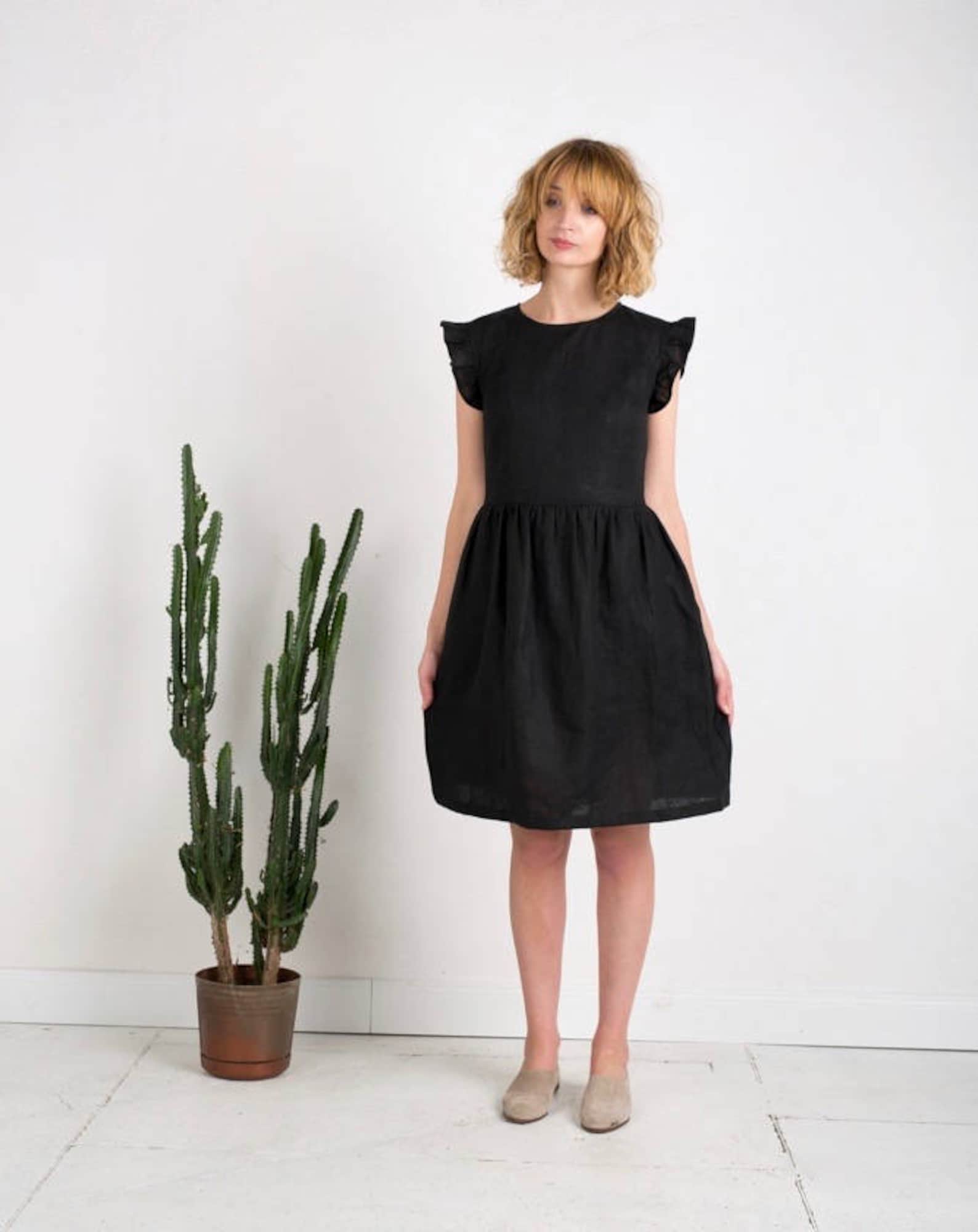 Linen Dress Black Linen Dress Ruffled Sleeves Dress - Etsy