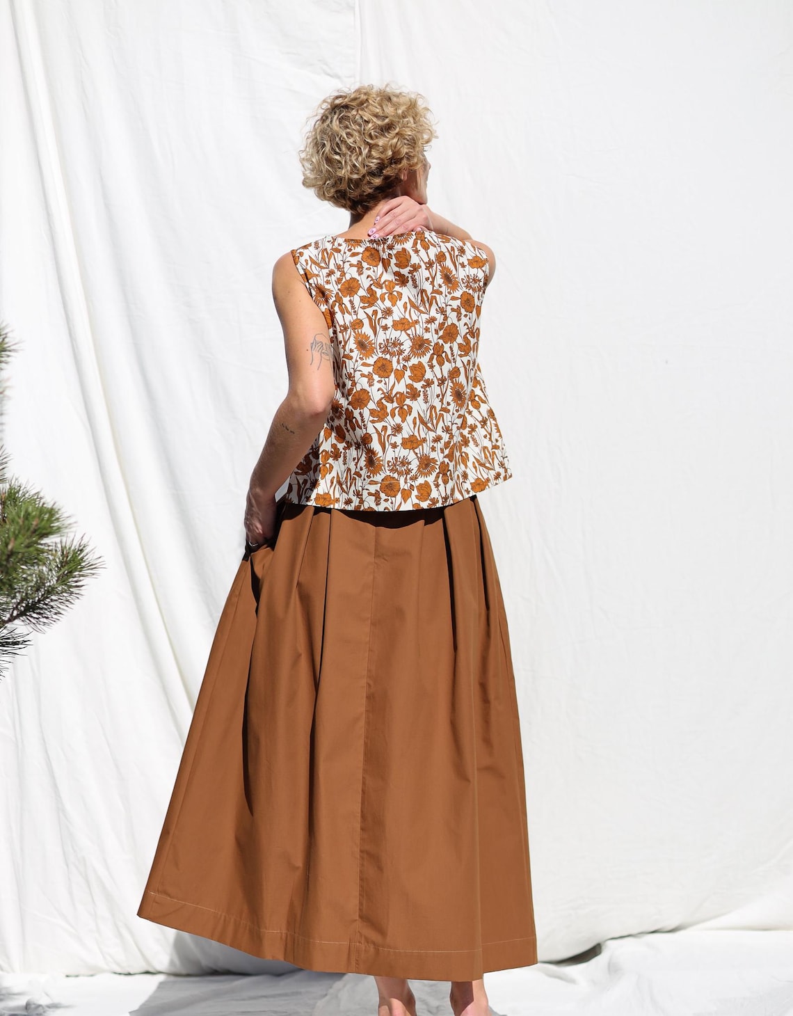 Organic Cotton Poplin Pleated Skirt in Tobacco Color • OFFON CLOTHING ...