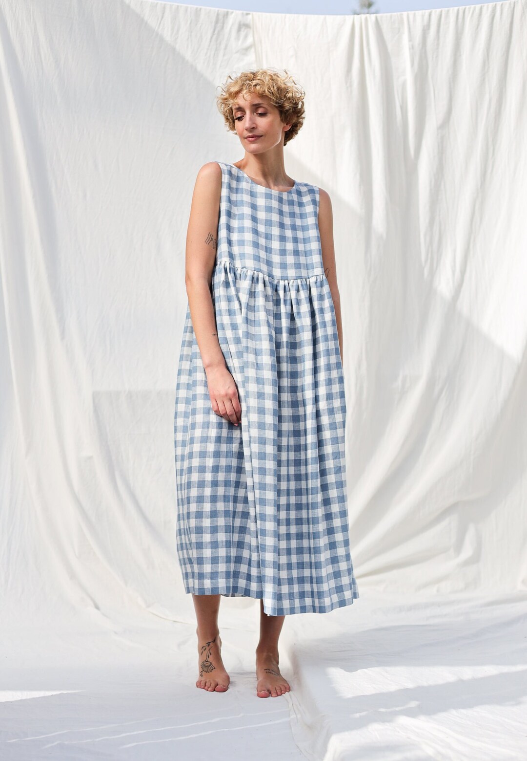 Linen Light Blue Checks Sleeveless Smock Dress • OFFON CLOTHING - Etsy