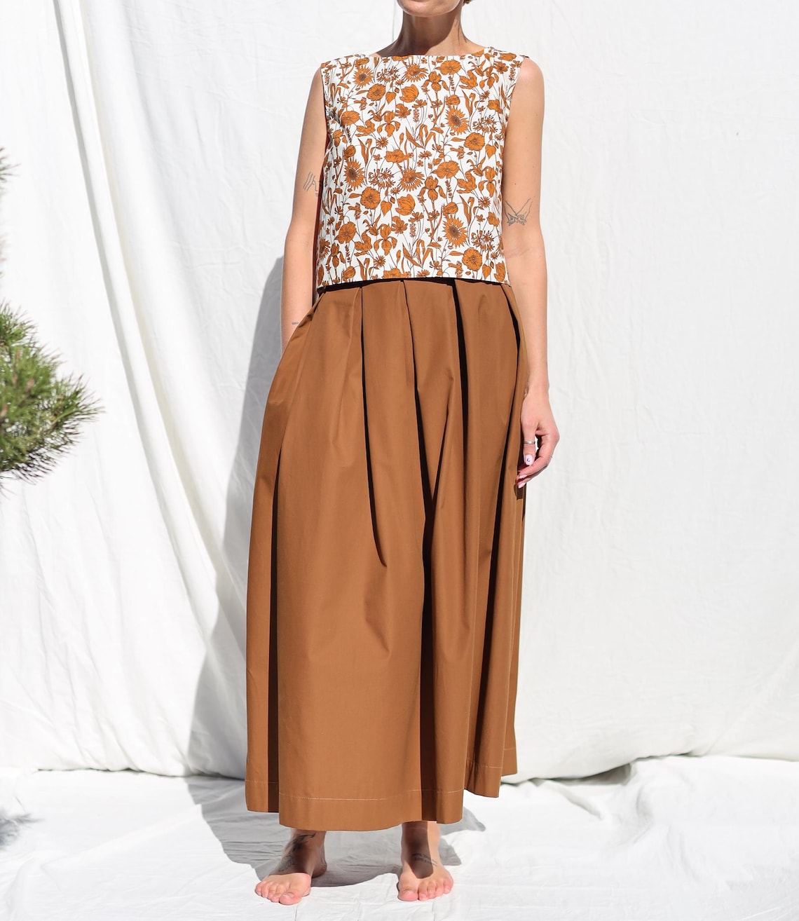 Organic Cotton Poplin Pleated Skirt in Tobacco Color • OFFON CLOTHING ...