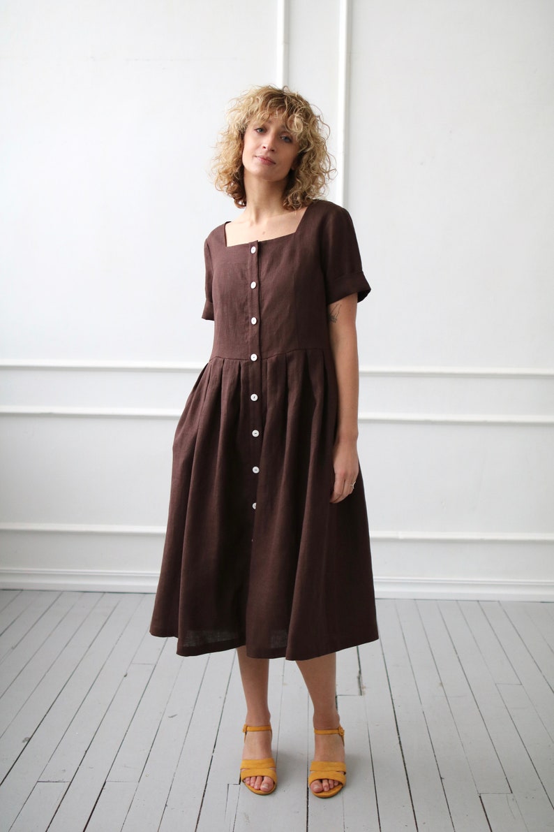 Linen Dress In Chocolate Brown Color Offon Clothing Etsy
