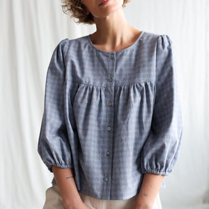 Puff Sleeve Blouse in Plaid Brushed Cotton OFFON CLOTHING - Etsy