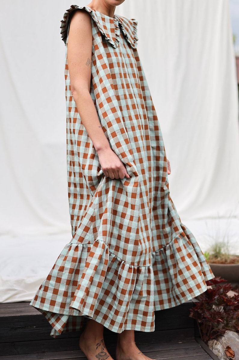 Puritan Collar A Line Maxi Seersucker Checks Dress PHOEBE / OFFON ...