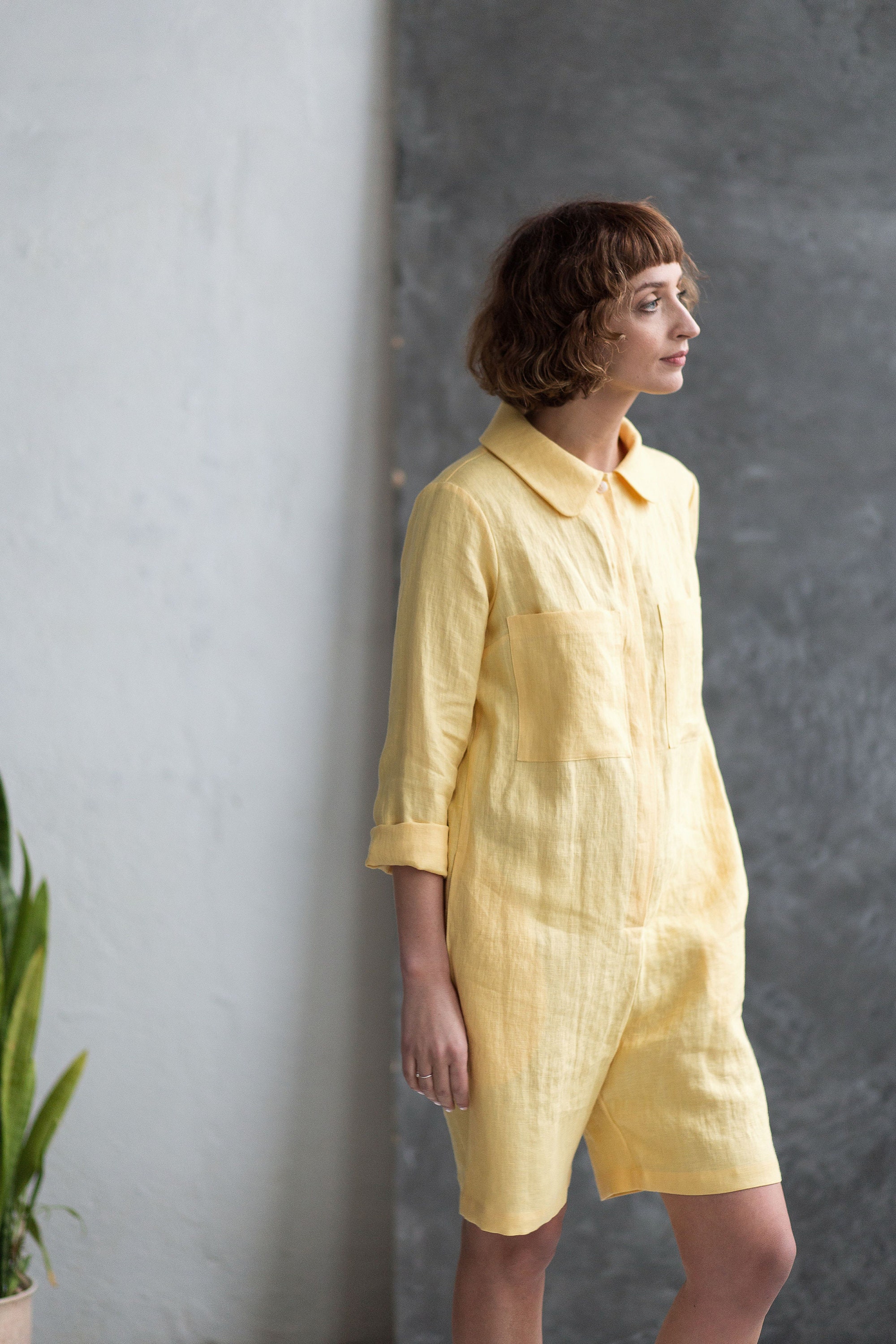 Linen Long Sleeve Summer Playsuit / Women Linen Jumpsuit Shorts / Offon ...