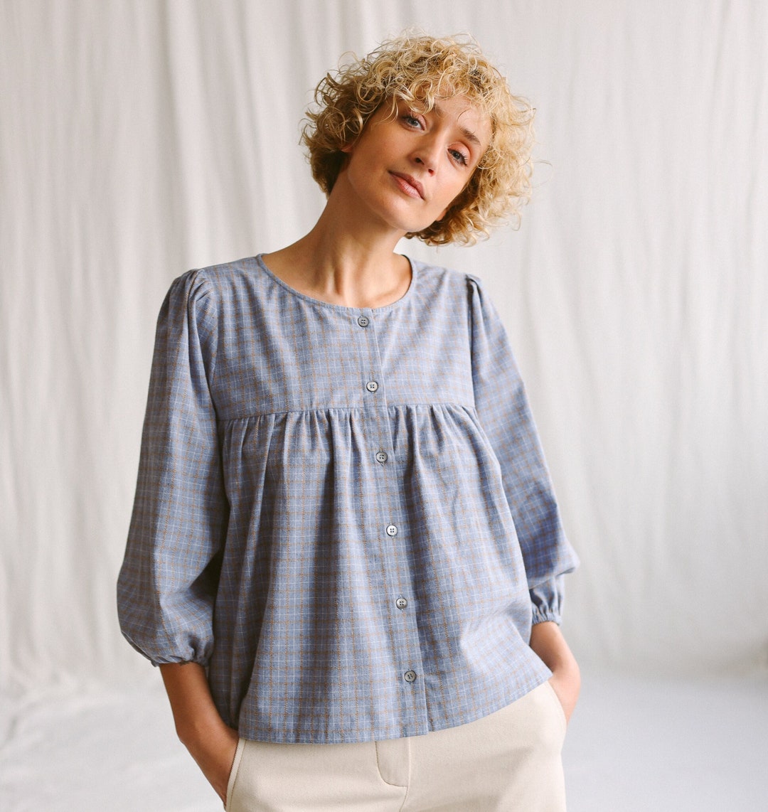 Puff Sleeve Blouse in Plaid Brushed Cotton OFFON CLOTHING - Etsy