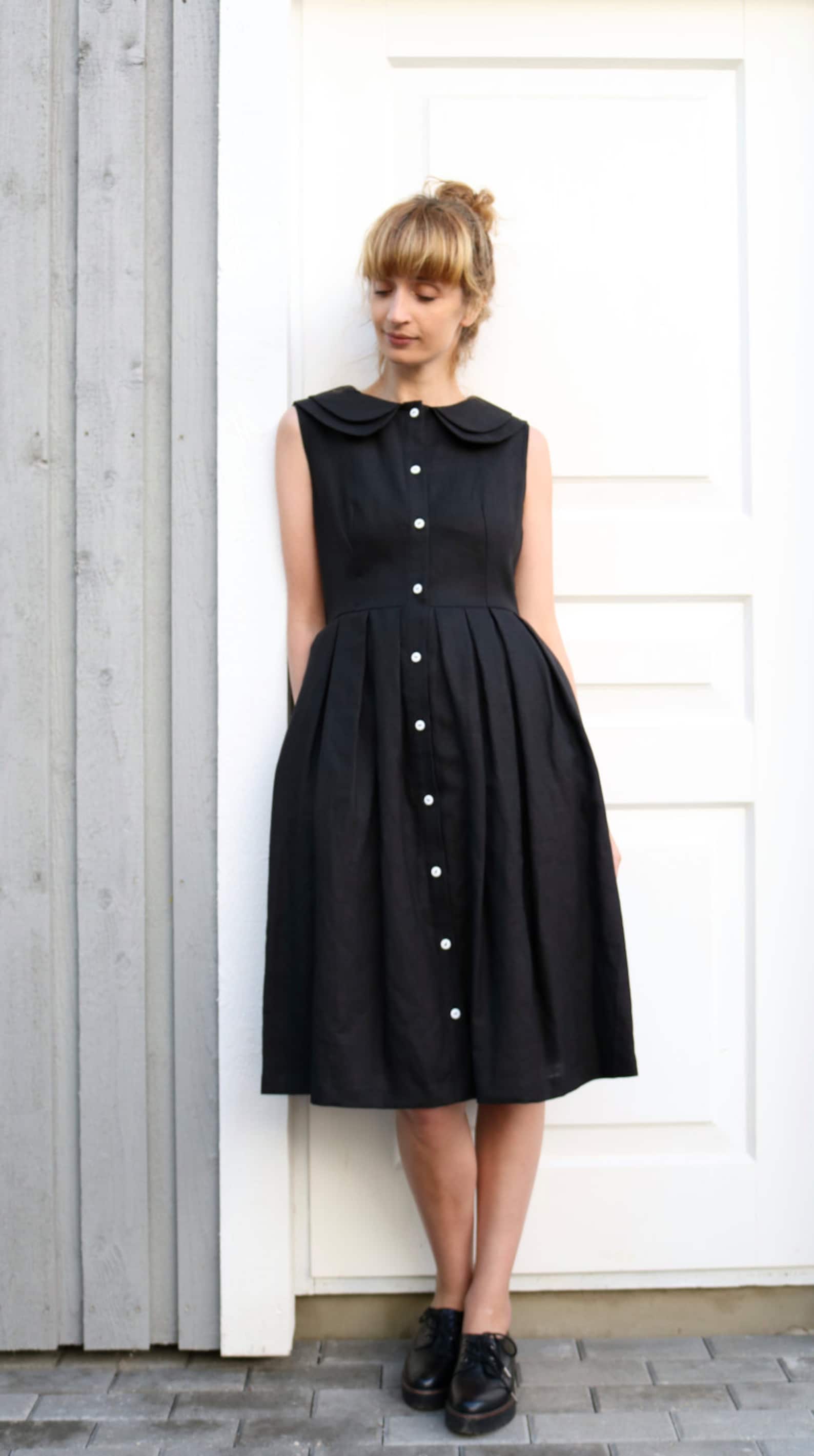Linen Sleeveless Dress Black Linen Dress Double Collar - Etsy