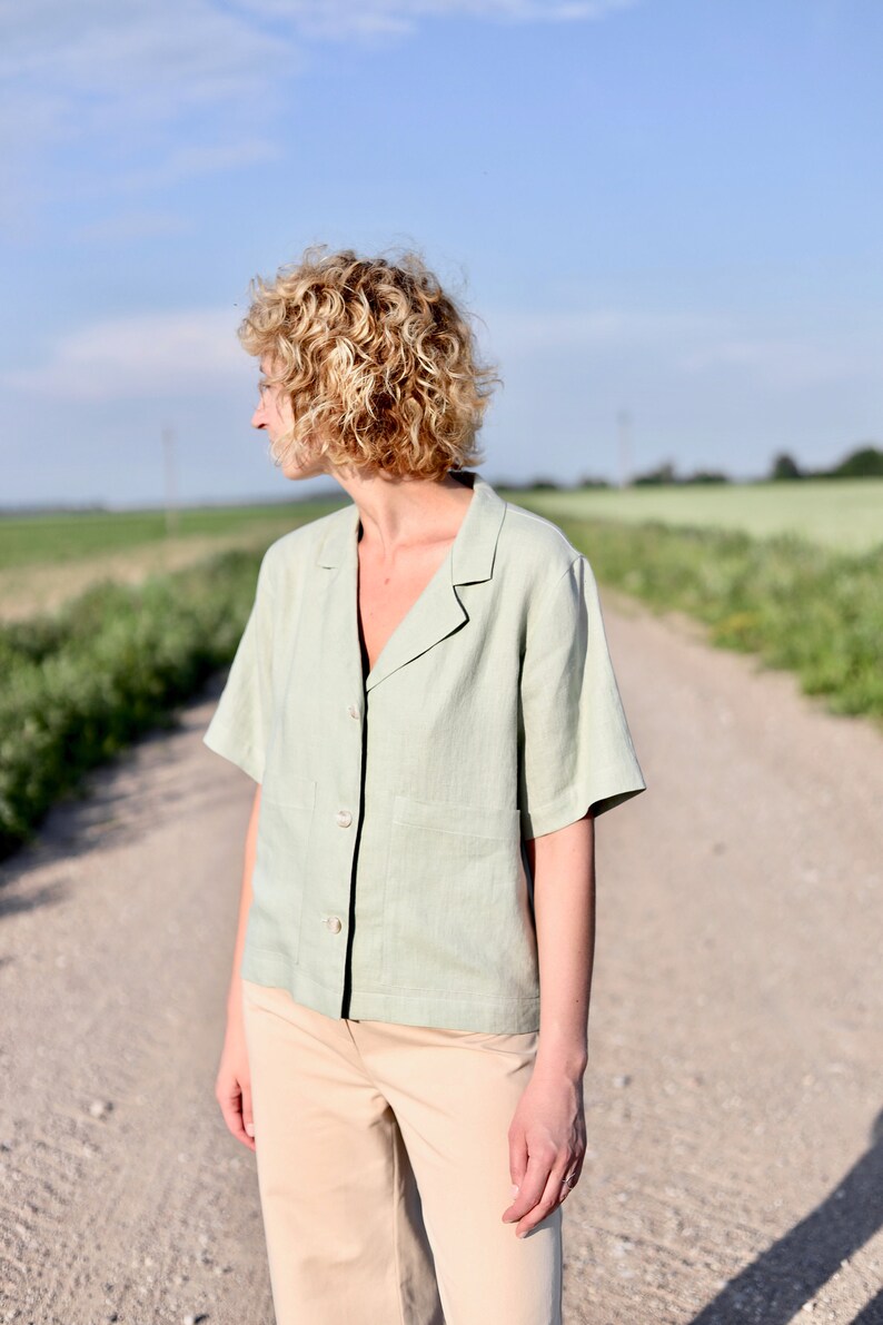 Revere Collar Linen Shirt in Sage Green / Handmade by OFFON | Etsy