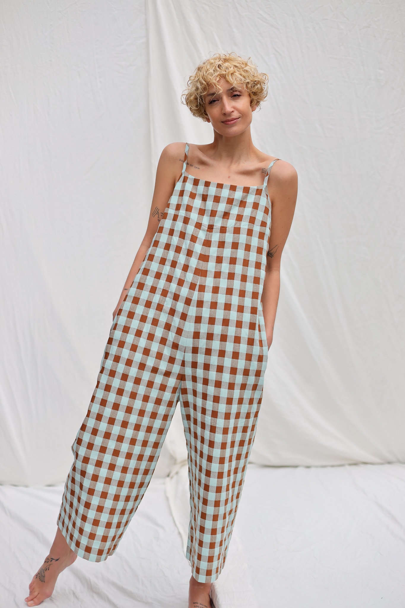 Loose Spaghetti Strap Jumpsuit in Seersucker Checks ADA • OFFON ...