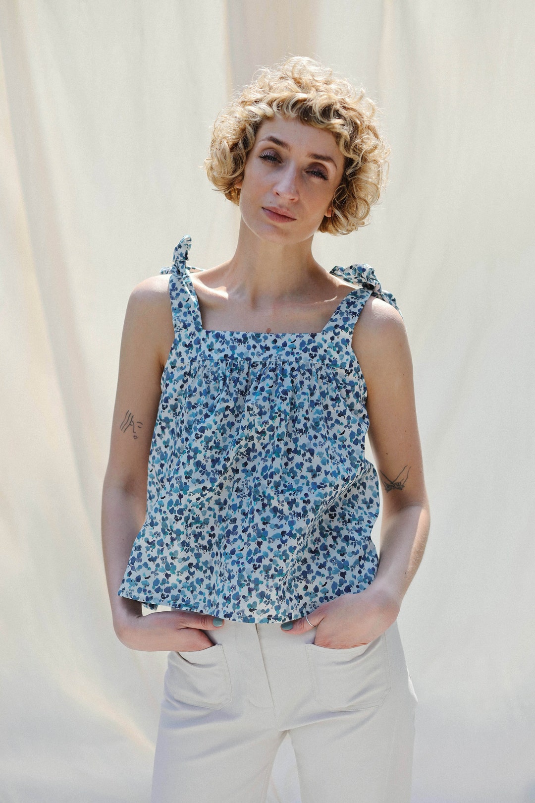 Tie-strap Silky Cotton Summer Blouse Rhapsody /OFFON CLOTHING - Etsy