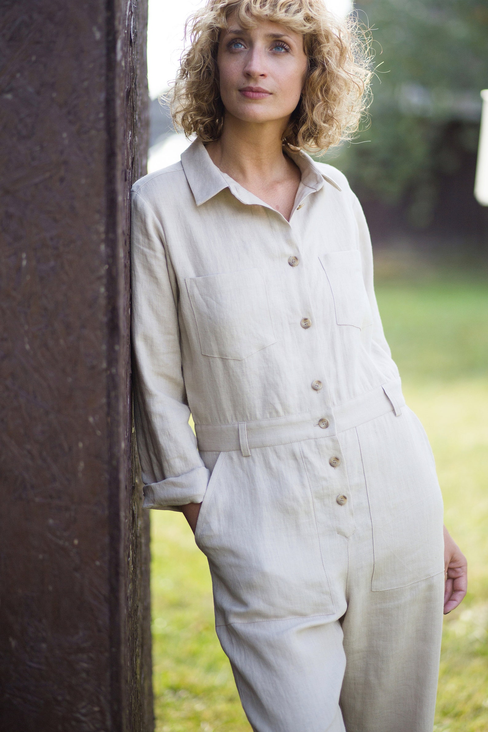 Linen Long Sleeve Coverall in Beige/offon CLOTHING | Etsy