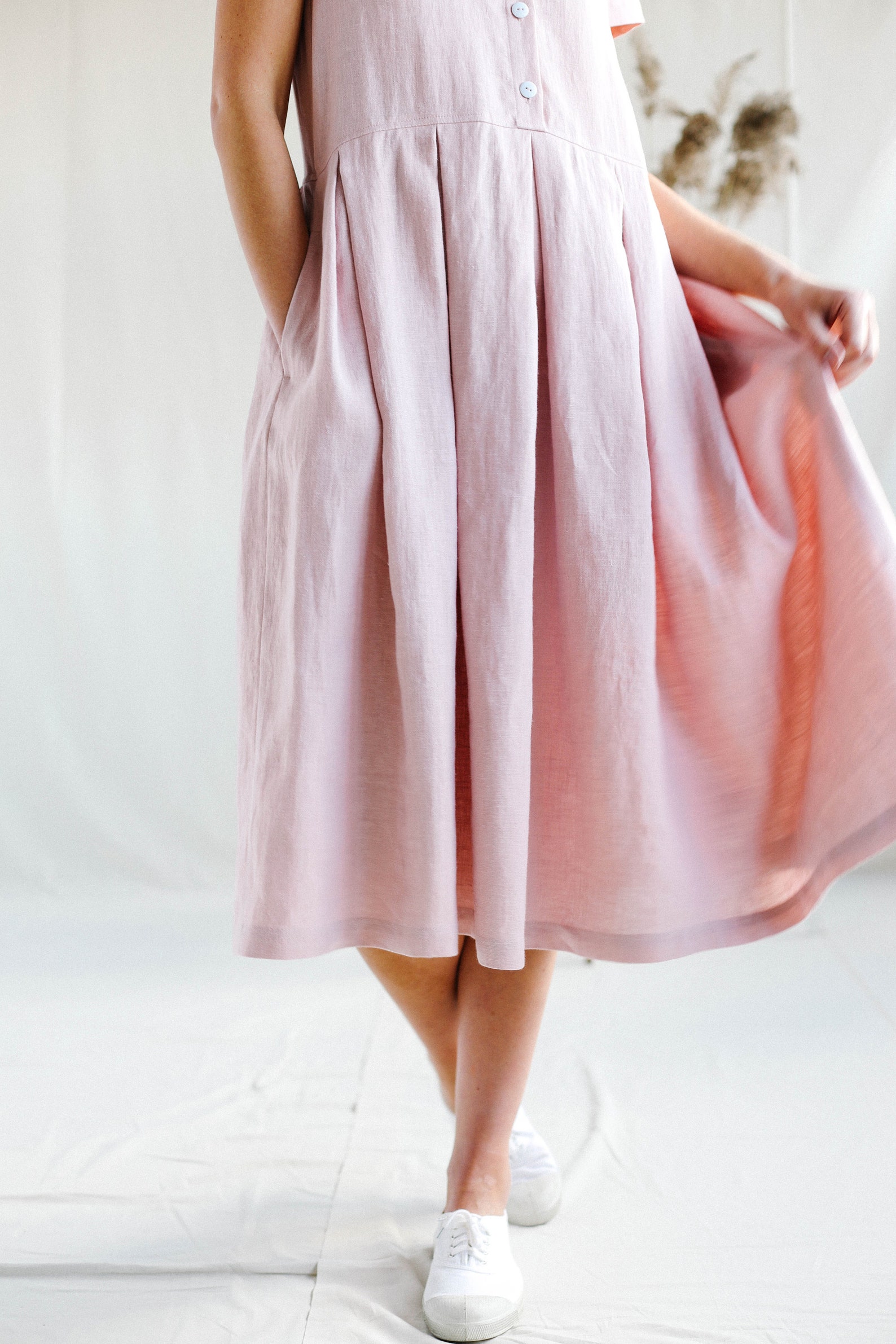 Linen Pleated Skirt Dress Pink Linen Dress Short Sleeved - Etsy UK
