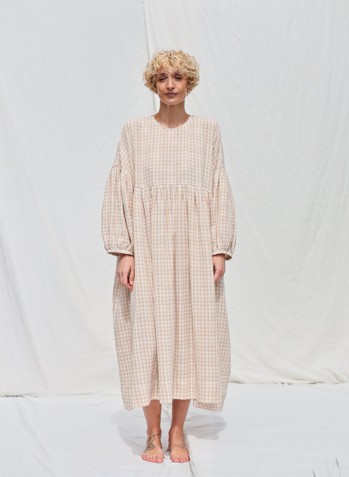 Oversized Double Gauze Beige Checks Dress GRETA • OFFON CLOTHING - Etsy ...