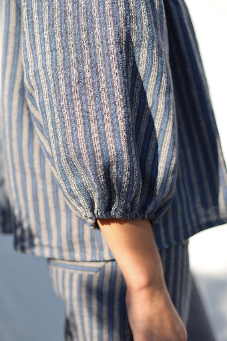 Puffy Sleeve Blouse in Striped Exclusive Jacquard Linen / OFFON ...