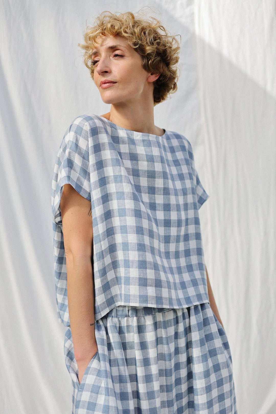 Checkered Linen Oversized Short Sleeve Top / OFFON CLOTHING - Etsy