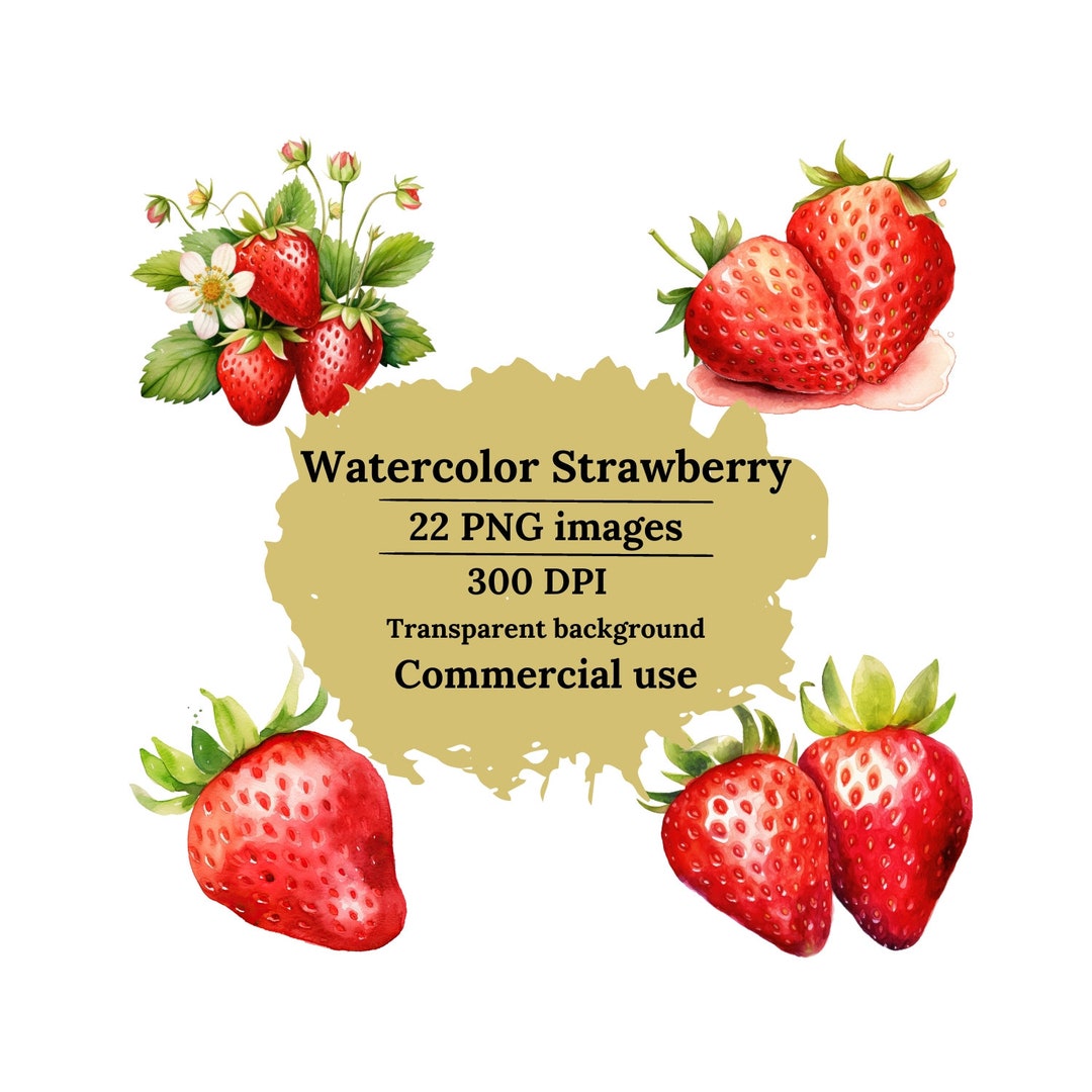 Watercolor Strawberry Clipart Fruit Clip Art PNG Files Food - Etsy