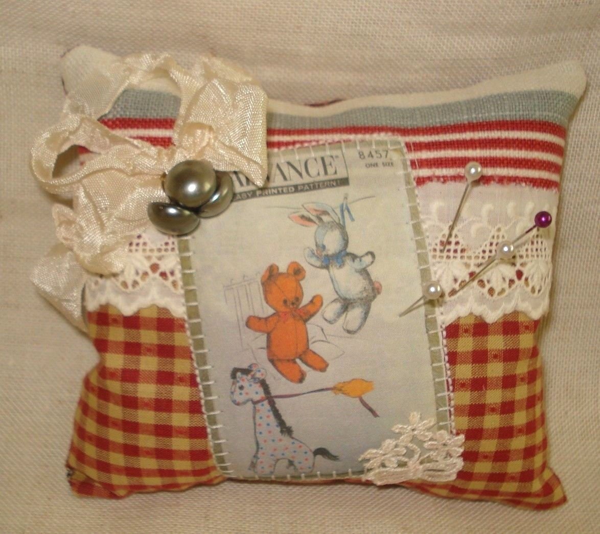 OOAK Handmade PINCUSHION Advance Toy Pattern Image & Grey Pearly ...