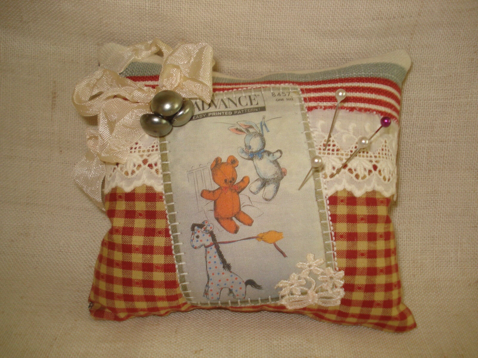 OOAK Handmade PINCUSHION Advance Toy Pattern Image & Grey Pearly ...