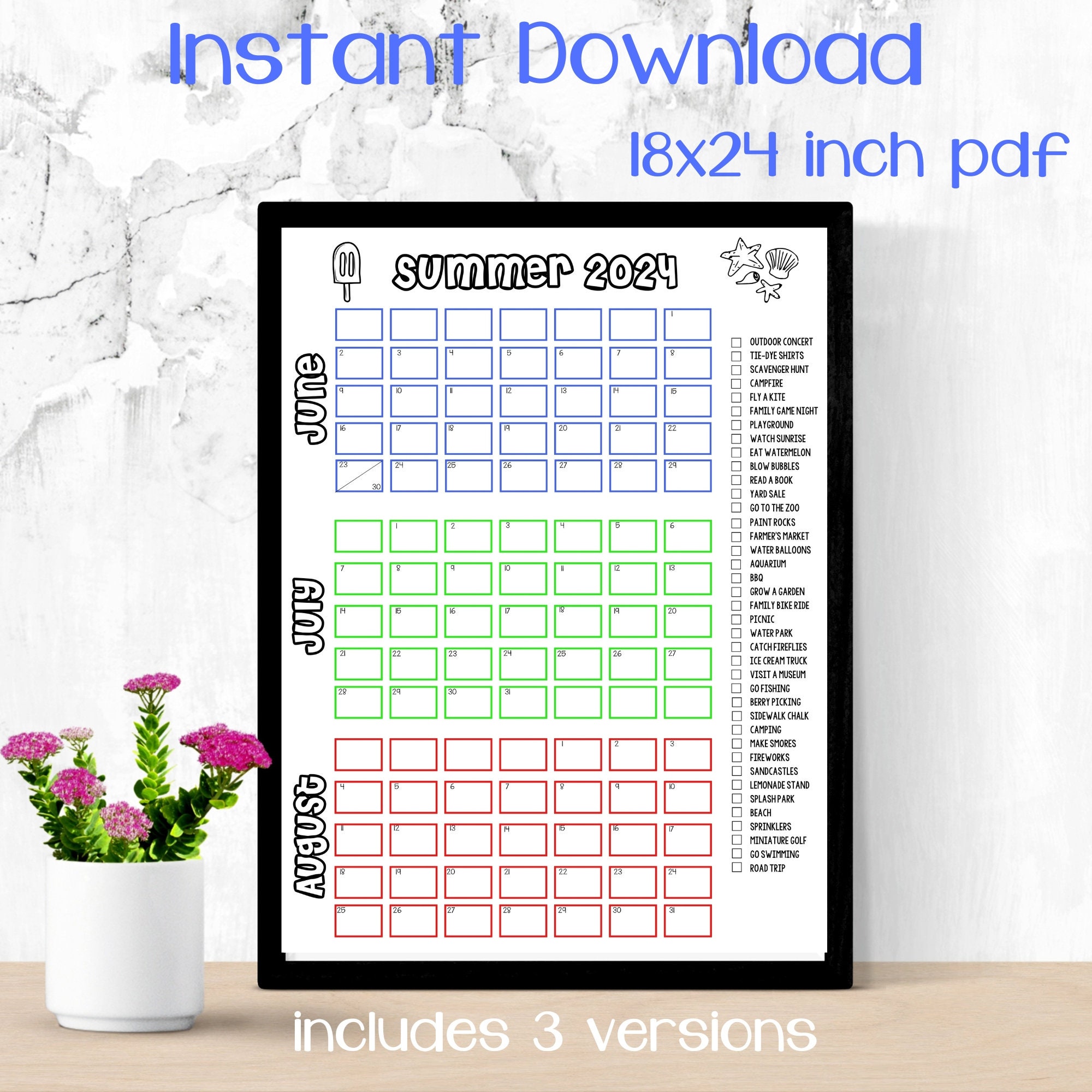 Printable Summer Calendar Poster, Kids Summer Activities Calendar ...